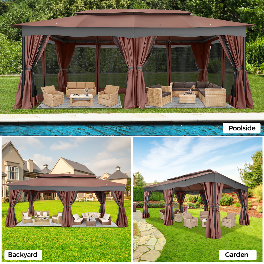 COBIZI Outdoor Gazebo 12x20 Patio Gazebo with Netting and Curtains Wat
