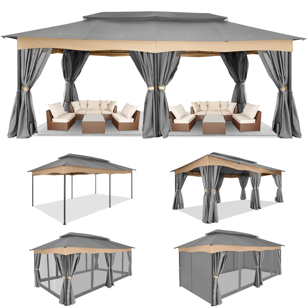 COBIZI Outdoor Gazebo 12x20 Patio Gazebo with Netting and Curtains Wat