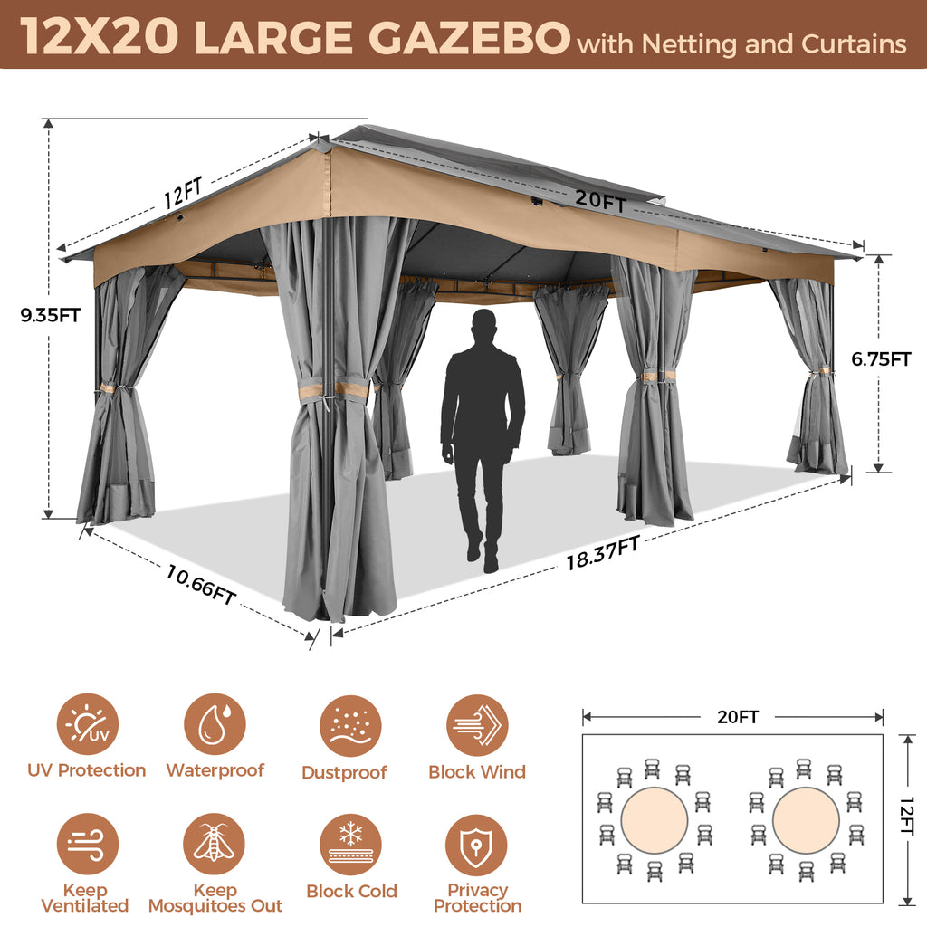 COBIZI Outdoor Gazebo 12x20 Patio Gazebo with Netting and Curtains Wat