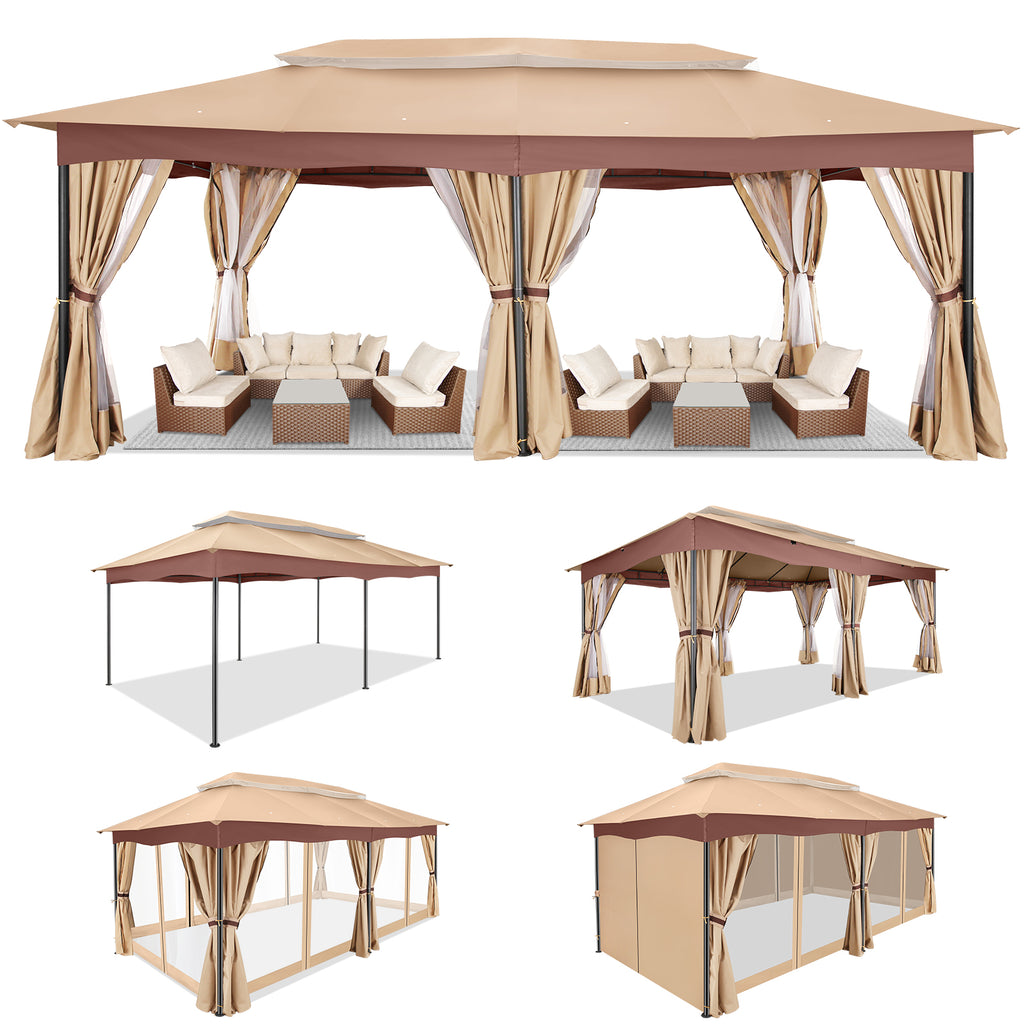COBIZI Outdoor Gazebo 12x20 Patio Gazebo with Netting and Curtains Wat