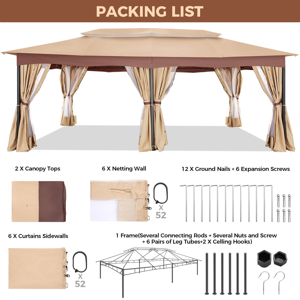 COBIZI Outdoor Gazebo 12x20 Patio Gazebo with Netting and Curtains Wat