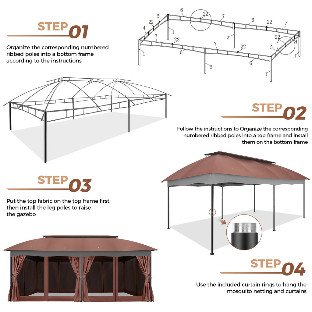 COBIZI Gazebo 12x20 Heavy Duty Patio Gazebo with Mosquito Netting Deck