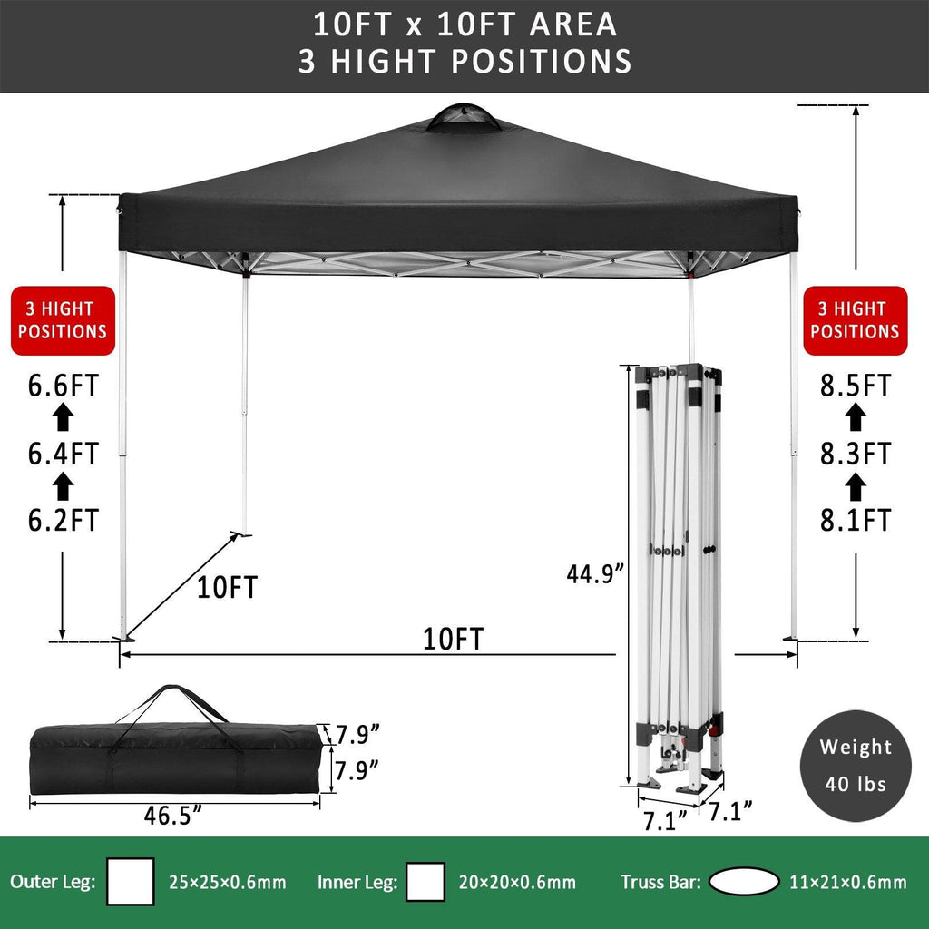 COBIZI Pop Up Canopy Shade Waterproof Tent 10'x10' With Sidewalls Vent